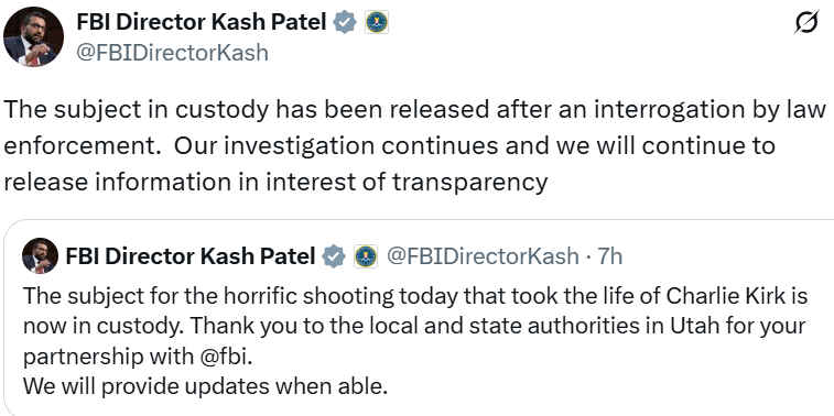 ‘Subject’ of interest in Charlie Kirk shooting released after ...