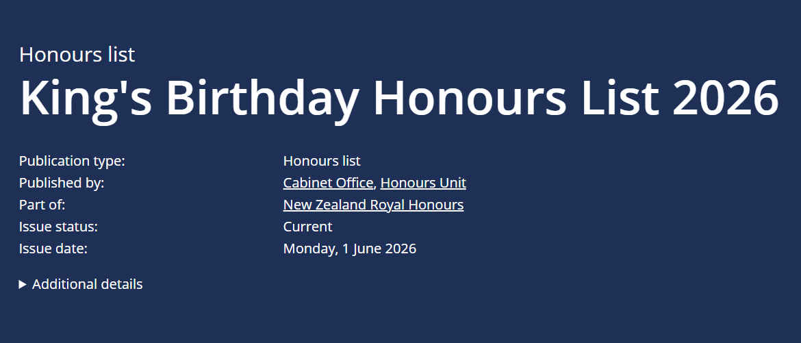 King's Birthday Honours List 2026 - Daily Telegraph NZ